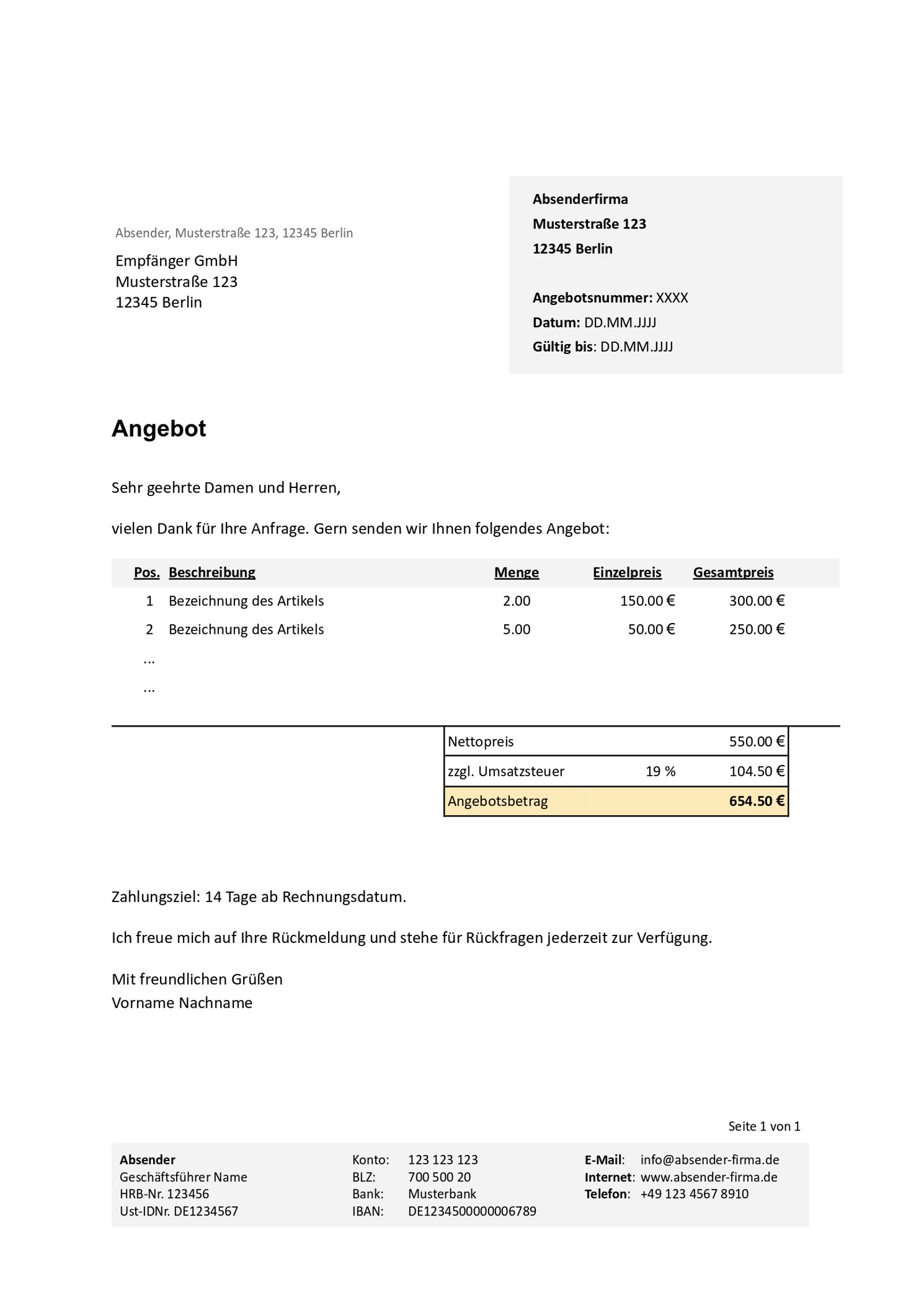 Angebot Vorlage: Kostenloses Muster (mit und ohne USt) | EXPERTE.de