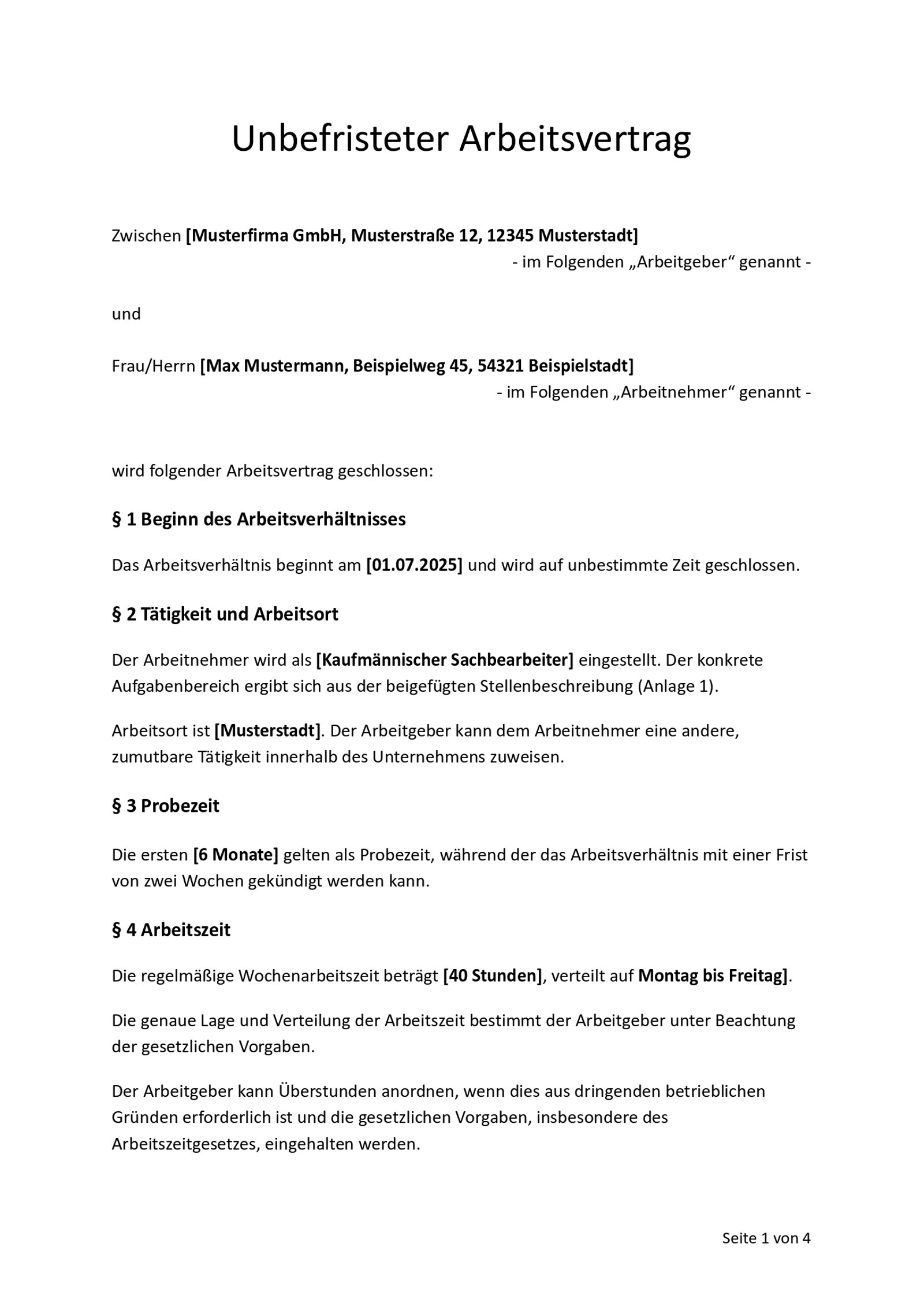 Arbeitsvertrag Vorlage: Kostenloses Muster für einen unbefristeten ...
