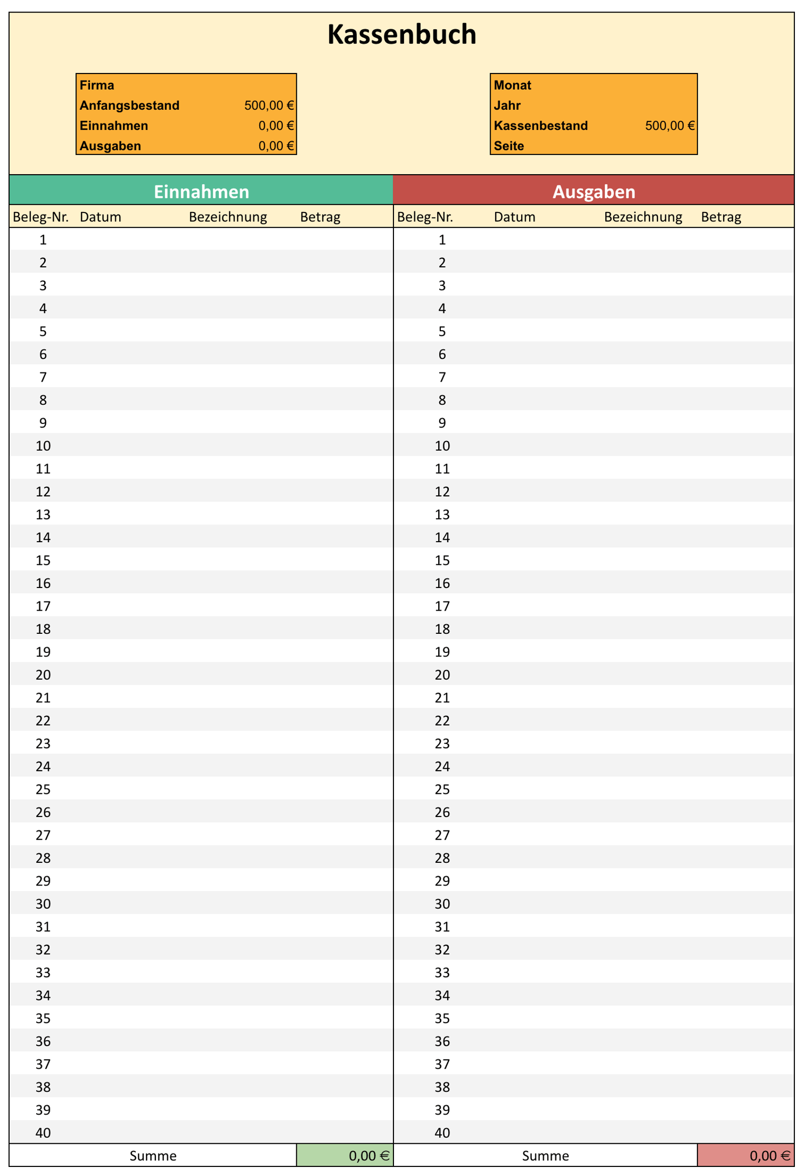 Kassenbuch Vorlage: Gratis-Muster als PDF, Excel & Google Sheets ...