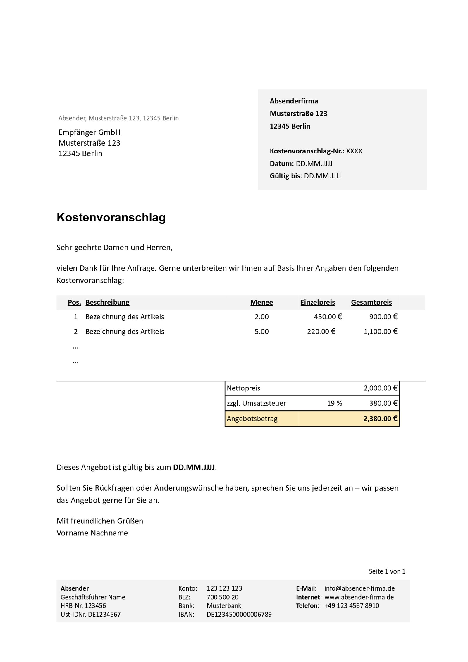 Kosten Kostenvoranschlag Kfz