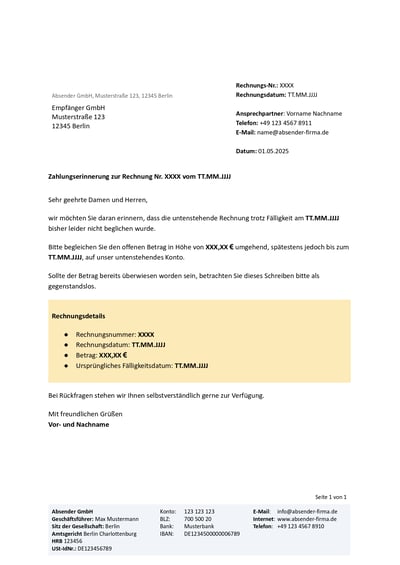 Mahnung Vorlage: Kostenloses Muster für 1., 2., und 3. Mahnung | EXPERTE.de