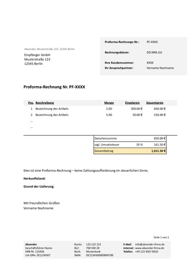Proforma Rechnung Vorlage: Kostenlosen Muster (PDF, Word, Google Doc) | EXPERTE.de