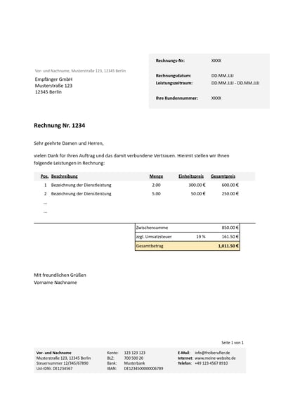 Rechnungsvorlage für Dienstleistung: Kostenloses Muster für Rechnungen ...