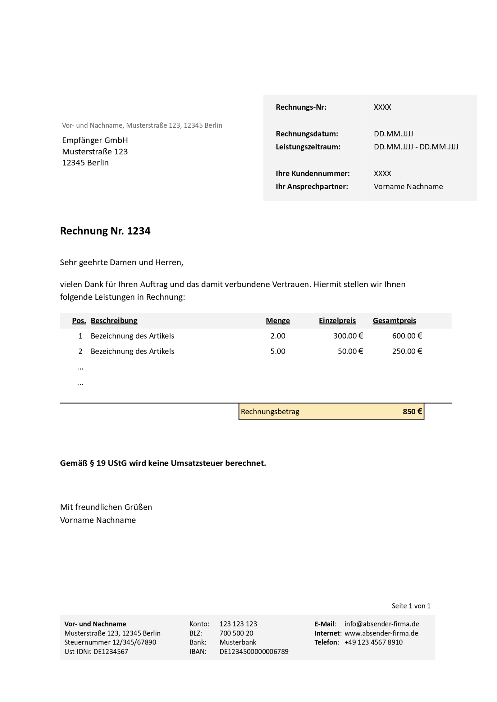 Rechnungsvorlage ohne Umsatzsteuer: Muster für Kleinunternehmer, Reverse-Charge und mehr ...