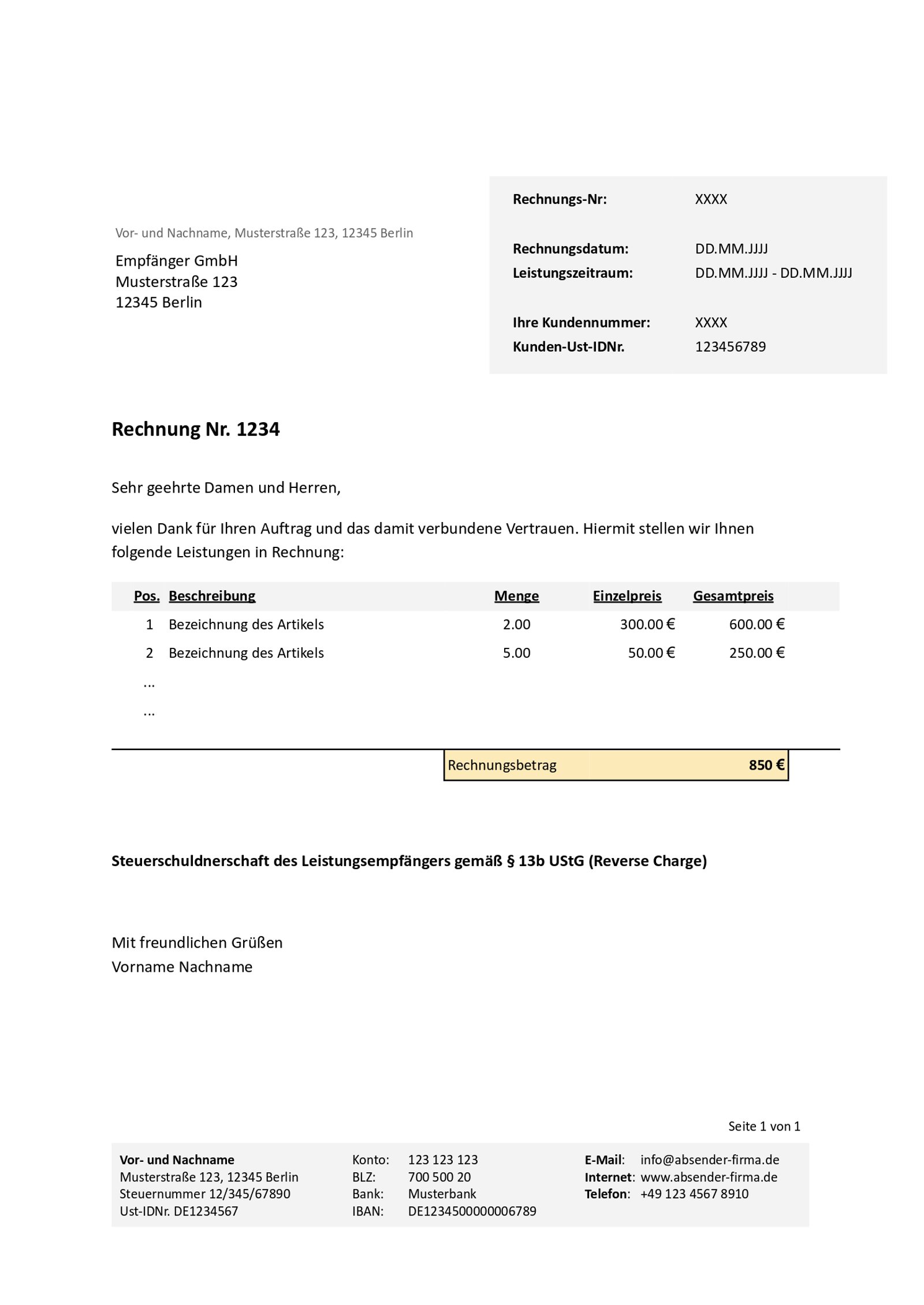 Rechnungsvorlage ohne Umsatzsteuer: Muster für Kleinunternehmer, Reverse-Charge und mehr ...